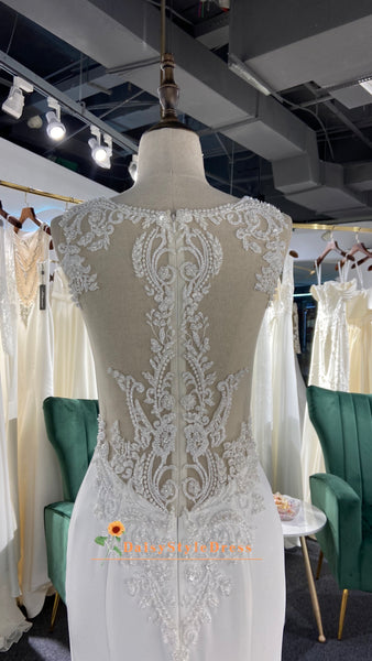 Fit and Flare Sheer Lace Back Ivory Wedding Dress – daisystyledress